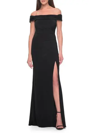 La Femme Off-the-shoulder Jersey Dress With Ruching And Slit - Black