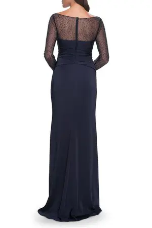 La Femme Long Evening Dress With Ruching And Rhinestone Illusion Top