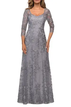 La Femme Long Lace A-line Gown - Silver