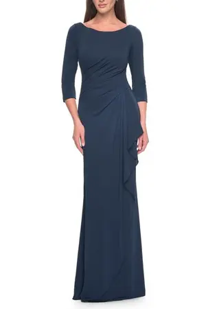 La Femme Long Evening Gown With Ruffle Detail - Navy