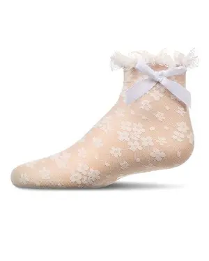 MEMOI Floral Lace Bow Trim Ankle Socks - White