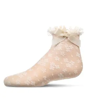 MEMOI Floral Lace Bow Trim Ankle Socks Winter White