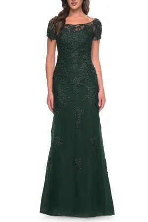 La Femme Lace And Net Fitted Long Gown - Dark Emerald