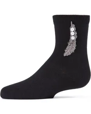 MEMOI Feathery Combed Cotton Crew Socks With Faux Pearl Detail - Black