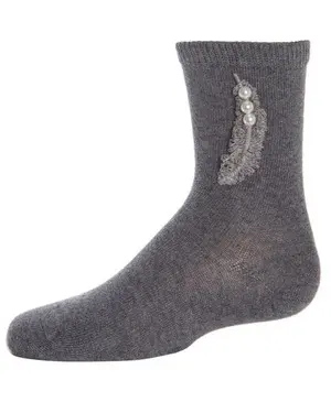 MEMOI Feathery Combed Cotton Crew Socks With Faux Pearl Detail - Medium Gray