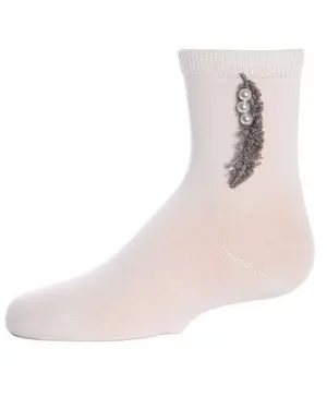 MEMOI Feathery Combed Cotton Crew Socks With Faux Pearl Detail - Winter White