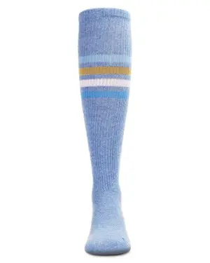 MEMOI Thin Ribbed Athletic Stripe Knee High Socks Light Denim