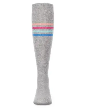 MEMOI Thin Ribbed Athletic Stripe Knee High Socks - Light Gray