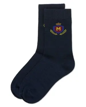MEMOI Stitched Crest Dress Crew Socks - Navy