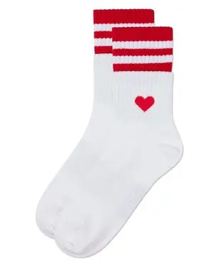MEMOI Sport Rib Heart Crew Socks - White