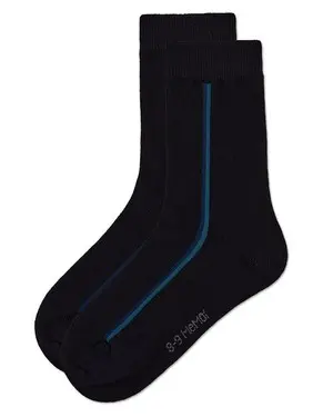 MEMOI Dual-stripe Fine-gauge Crew Sock - Navy