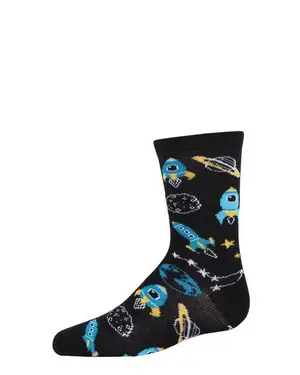 MEMOI Rocket Ship Crew Socks - Black
