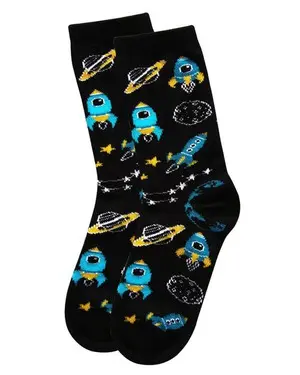 MEMOI Rocket Ship Crew Socks - Black