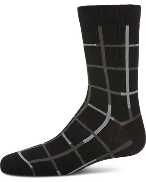 MEMOI Windowpane Plaid Crew Socks - Black