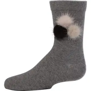 MEMOI Fluffy Trio Pom-pom Crew Socks - Medium Gray