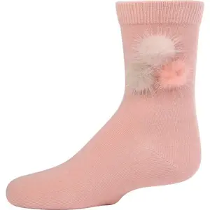 MEMOI Fluffy Trio Pom-pom Crew Socks - Pale Blush
