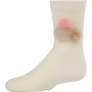 MEMOI Fluffy Trio Pom-pom Crew Socks - Winter White