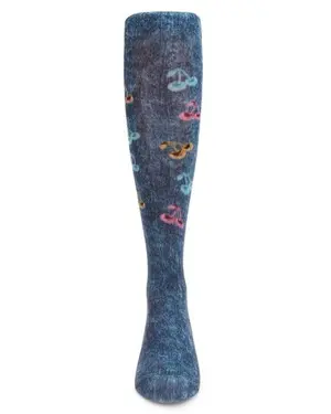 MEMOI Distressed Denim Cherries Knee High Socks