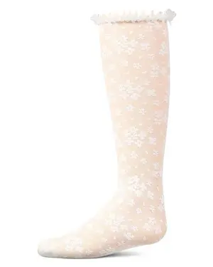 MEMOI Floral Lace Knee High Socks - White