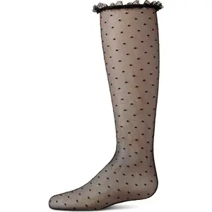 MEMOI MeMoi Lace Trimmed Dot Mesh Knee High Socks Black