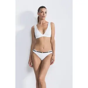 NESSI BYRD Textured V-neck Bikini Set With Buckle Belt - White