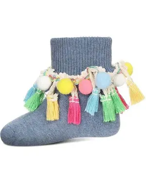 MEMOI Pom-pom-palooza Ankle Socks - Denim