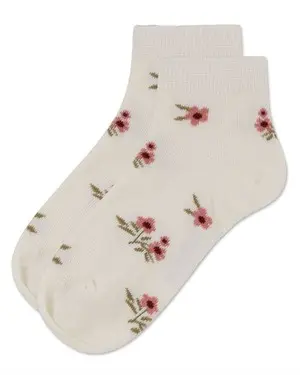 MEMOI Floral Print Anklet Socks - Winter White