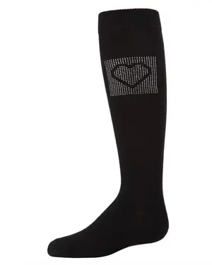 MEMOI Rhinestone Heart Knee High Socks - Black