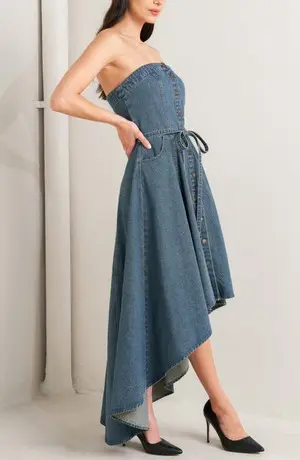 FREEMARKET Belted Strapless High-low Midi Dress