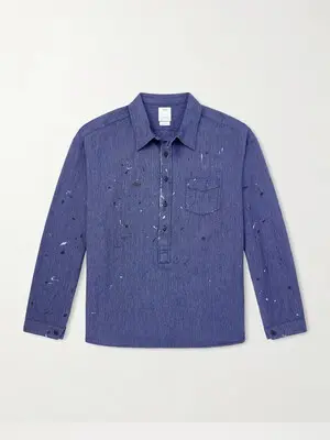 Visvim Paint-splattered Cotton And Silk-blend Chambray Shirt - Blue