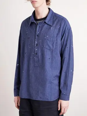 Visvim Paint-splattered Cotton And Silk-blend Chambray Shirt - Blue