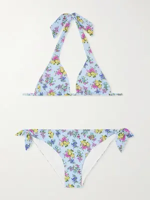 Dolce & Gabbana Embellished Floral-print Triangle Bikini - Blue