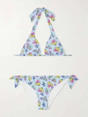 Dolce & Gabbana Embellished Floral-Print Triangle Bikini Light Blue