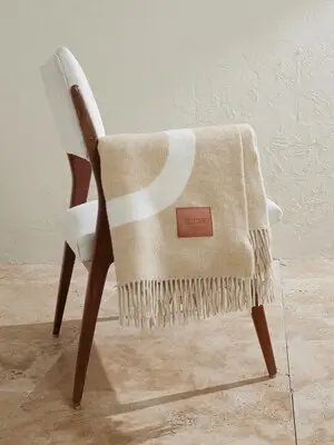 Loewe Anagram Leather-appliquéd Fringed Logo-jacquard Wool Blanket - Neutrals