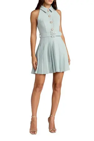 Mac Duggal Bouclé Sleeveless Pleated Mini Dress - Sage
