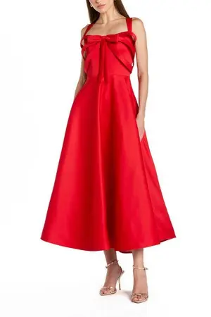 Mac Duggal Satin A-line Ankle Dress With Bow - Red