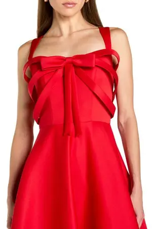 Mac Duggal Satin A-line Ankle Dress With Bow - Red