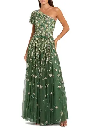 Mac Duggal Floral Embellished One-shoulder Gown - Sage