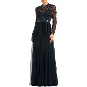 Mac Duggal Embellished Illusion High Neck Long Sleeve Gown - Midnight