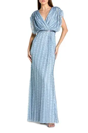 Mac Duggal Beaded Mesh Blouson V-neck Gown - Periwinkle