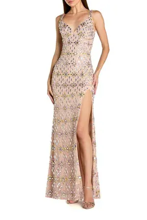 Mac Duggal Beaded Sweetheart Neck Column Gown With Slit - Light Rose