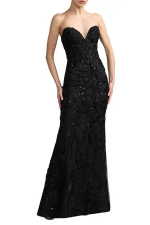 Mac Duggal Floral Beaded Gown - Black