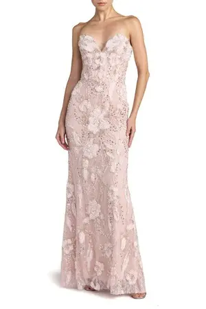 Mac Duggal Floral Beaded Mesh Strapless Column Gown