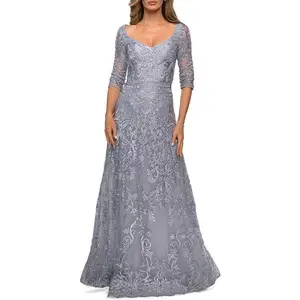La Femme Embroidered Lace A-line Gown - Silver