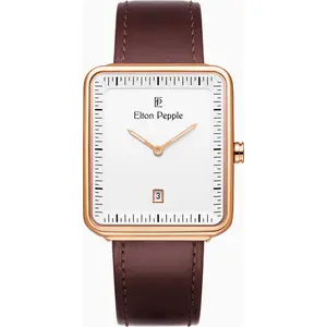 ELTON PEPPLE Rectangular Calfskin Strap Watch - Dark Brown/rose Gold