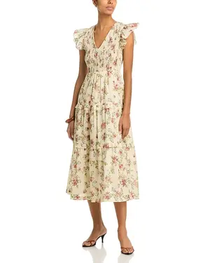 Aqua Floral Smocked Midi Dress - Ivory Multi