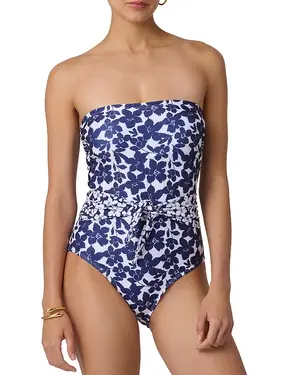 Shoshanna Tie Belt Strapless One Piece Swimsuit - Navy/ivory