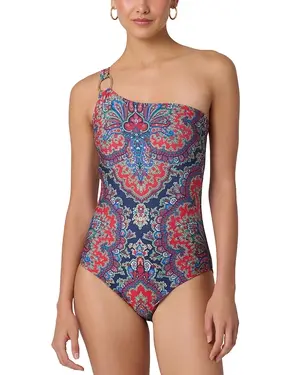 Shoshanna One Shoulder One Piece Swimsuit With Ring Detail - Navy Multi