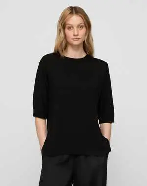 Lafayette 148 New York Washable Merino Wool Short Sleeve Crewneck Sweater - Black