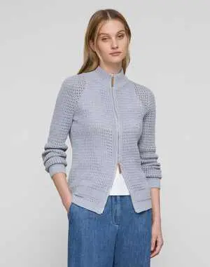 Lafayette 148 New York Cotton-linen Open Knit Bomber Cardigan - Skyline Blue Multi